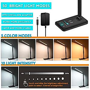 JOSTIC LED Desk Lamp with Wireless Charger, USB Charging Port, Desk Lighting with 10 Brightness, 5 Color Modes, Dimmable Eye Caring Reading Desk Light for Home Office, Touch Control, Auto Timer, Black