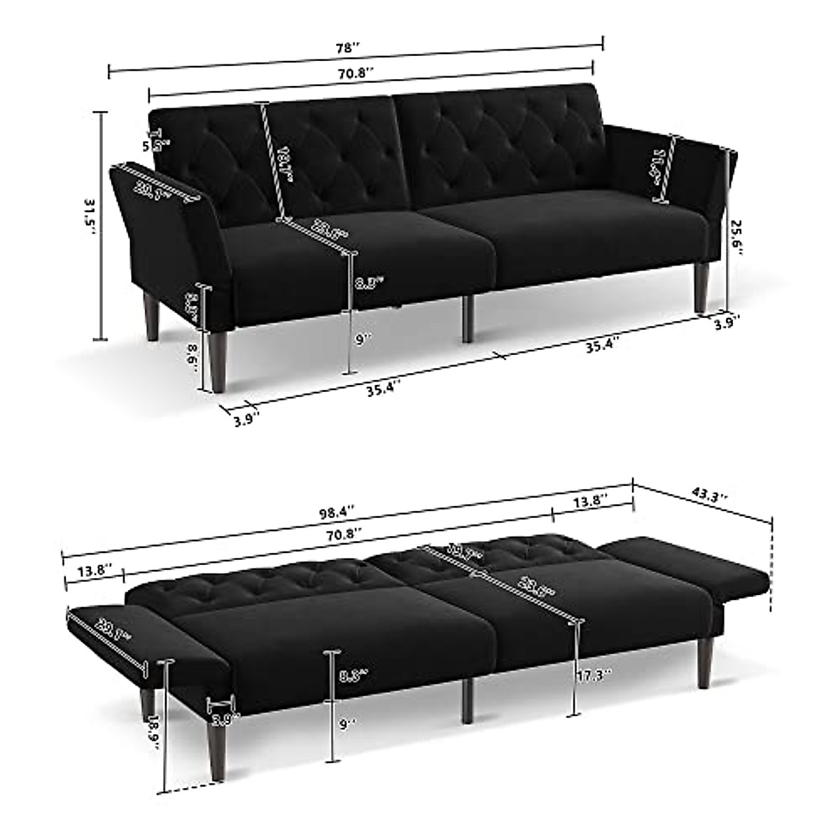 HONBAY Convertible Sofa Bed Velvet Sleeper Couch with Adjustable Armrests Tufted Futon for Living Room and Bedroom, Black