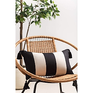 Hofdeco Modern Boho Patio Indoor Outdoor Lumbar Pillow Cover ONLY for Backyard, Couch, Sofa, Black Stripes, 12"x20", Set of 2