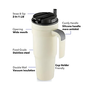 Sama Goods Tumbler with Handle, Double Wall Vacuum-insulated Proof Thermal Travel Cup, Stainless Steel Mug with Lid and Straw. (Moon Mist), 40 OZ, FC094