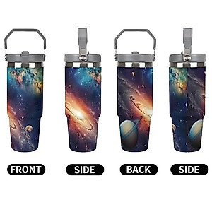 BWQJKUO Large Capacity Car Cup 30 Oz Stainless Steel Universe Galaxy Outer Space Printed Travel Mug Leak-proof Flip Straw Tumbler with Handle,keeps Cold Or Ho