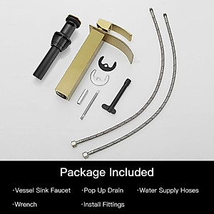 BWE Vessel Sink Faucet Modern Waterfall Brushed Gold Single Hole Bathroom Faucet Single Handle with Pop up Drain without Overflow Assembly Vanity Basin Bath Sink Faucets Mixer Tap Lead-Free