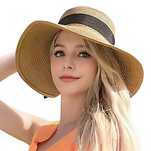 DOFOWORK Women's Sun Hat - Khaki UPF 50+, Packable, Wide Brim Straw Hat for Beach, Travel, Cruise, Honeymoon - Adjustable