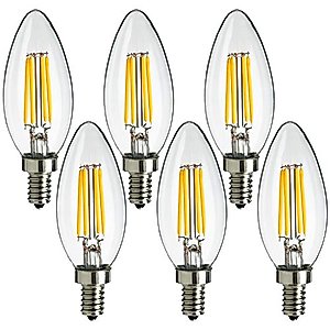 MaxLite Candelabra LED Chandelier Bulbs, 40W Equivalent, Enclosed Fixture Rated, 300 Lumens, Dimmable Filament Candle Bulbs, E12 Base, Energy Star, Wet Rated, 2700K Soft White, 6-Pack