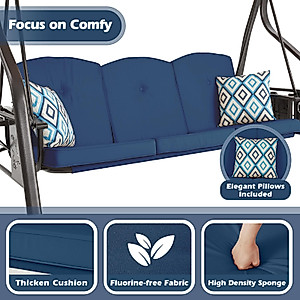 ZZW 3-Seat Outdoor Porch Swing with Stand, Patio Swing with Canopy, 2 in 1 Porch Swing Bed & Patio Swing Chair for Adult, Yard Swing w/Extra Pillows and Cup Holder (Blue)