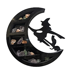 A/R Witch on The Moon Crystal Shelf, Wooden Crystal Display Shelf PVC Moon Shelf Black Witch Design Crystal Display Shelf Gothic Decorations for Living Room