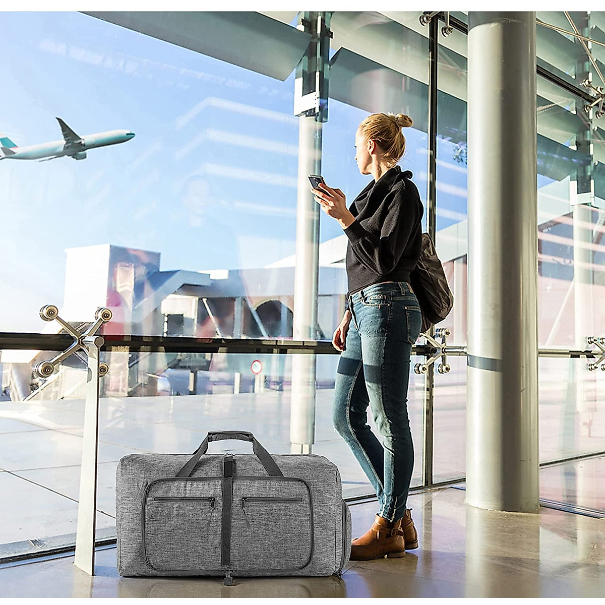 Travel Duffle Bag for Men, 65L Foldable Travel Duffel Bag with Shoes Compartment Overnight Bag for Men Women Waterproof & Tear Resistant (Gray)