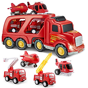 SLENPET Construction Truck Toys for 3 Years Old Boys Kids Toddlers, Vehicles Toy Set with Light and Sound, Large Transport Cargo Truck, Small Excavator, Crane, Mixer, Dumper Truck 5 in 1 Playset