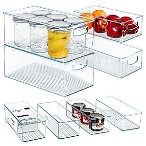 Hudgan 8 PACK Stackable Pantry Organizer Bins (3 sizes) - Clear Fridge Organizers for Kitchen, Freezer, Countertops, Cabinets - Plastic Food Storage Container with Handles for Home and Office