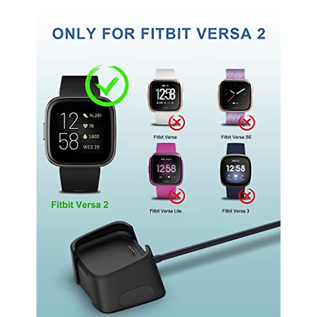 3.3Ft USB Charger Compatible with Fitbit Versa 2 Charger Dock Anti-Slip Replacement Smartwatch Charging Cable Stand(not for Fitbit Versa/Versa Lite)