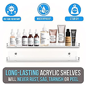 Pretty Display Acrylic Bathroom Shelves [2 Pack] Wall Mounted 15" Shelf Set - Crystal Clear Floating Shelves, Easy to Wall Mount, Rust-Proof & Maintenance-Free