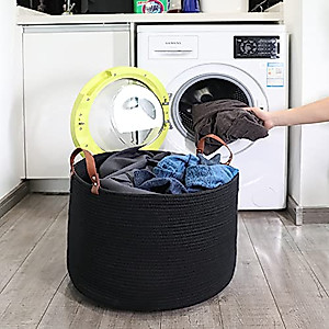 Cotton Rope Basket XXL Blanket Basket for Blankets Large Woven Storage Basket Round Rope Basket Black Toy Basket Woven Laundry Basket with Real Leather Handle, 20''X20''X13''