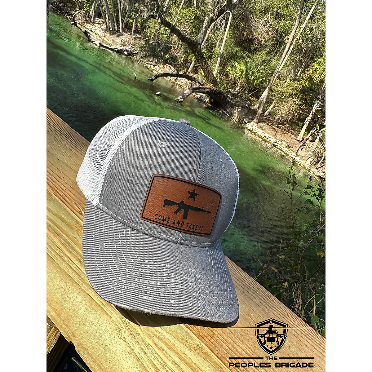 THE PEOPLES BRIGADE Come and Take It Lone Star Leather Patch Series Baseball Trucker Hat (Black)