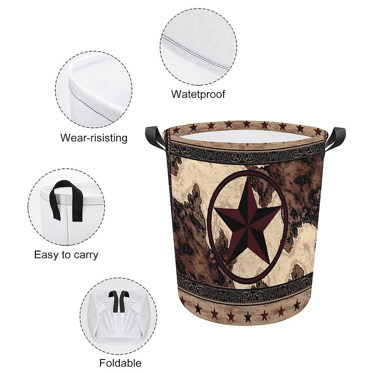 Rustic Western Country Texas Star Cowboy Cowgirl Round Laundry Hamper Storage Basket Waterproof Coating Organizer Bin For Clothes Toys