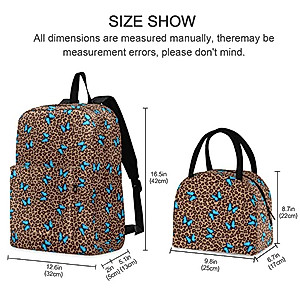 CHIFIGNO Blue Butterfly Leopard Cheetah Print Backpack Set for Teen Girls Middle Student Bookbag Women Backpack with Insulated Lunch bag Funny Preschool Kindergarten Backpacks