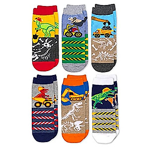 Jefferies Socks Boy's Dinosaur Construction Crew Socks 6 Pack, Multi, Small