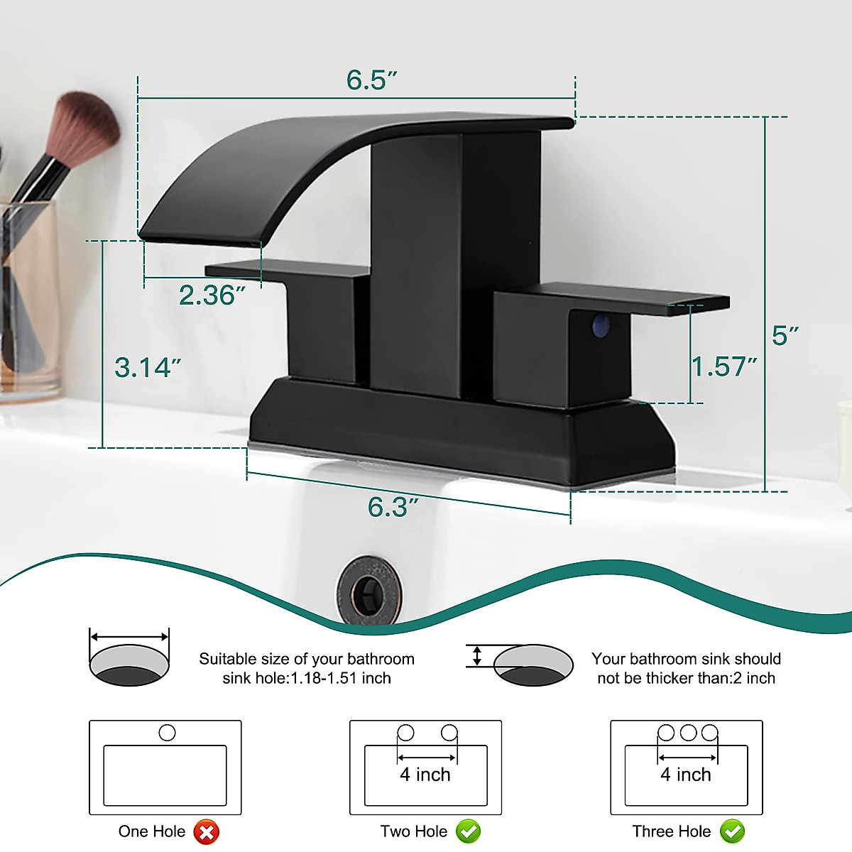 Hoimpro 3 Holes 4 Inch Bathroom Faucet, Waterfall Matte Black Bathroom Faucet Two Handles Centerset Bathroom Sink Faucet Vanity Sink Faucet with cUPC Supply Hoses and Pop Up Drain