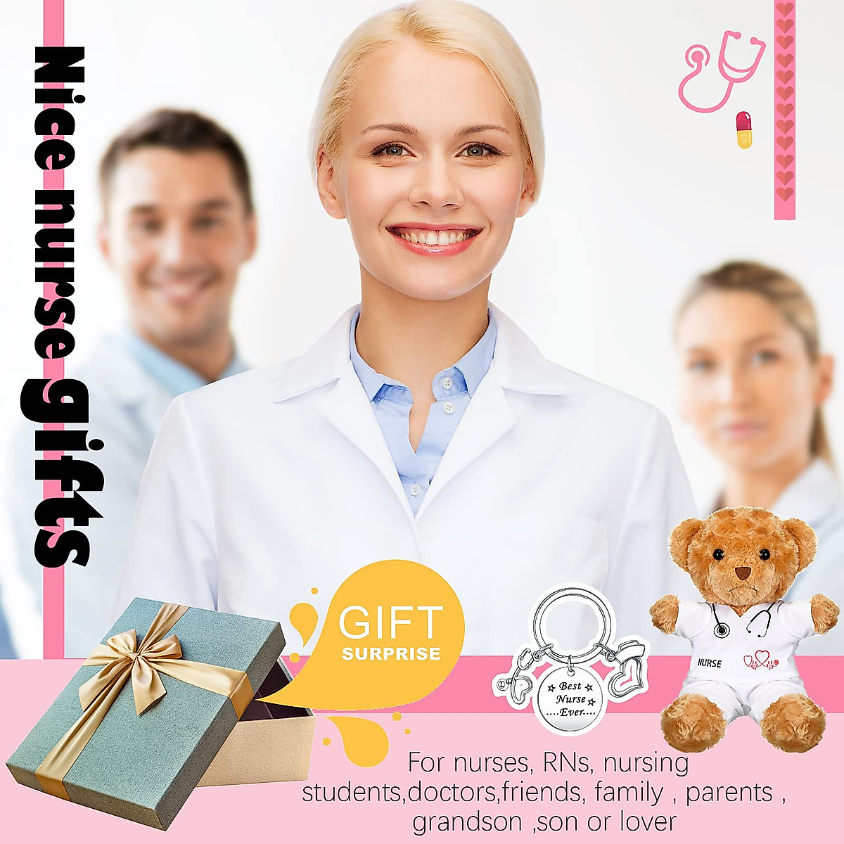 Hinly 2 Pcs Nurse Appreciation Gifts Nurse Bear Plush Toy Stuffed Animal Nurse Keychain Doctor Practitioner Graduation Gifts(White)