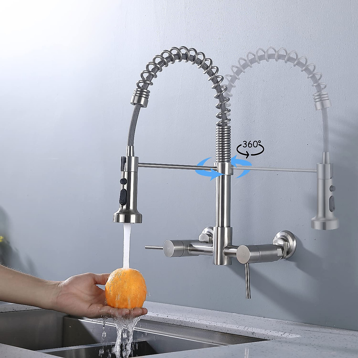 Fonveth Wall Mount Kitchen Faucet, 8 Inch Center Wall Mount Kitchen Sink Faucet with Pull Down Sprayer, Wall Mount Faucet with SprayerCommercial Wall Mount Faucet, Brushed Nickel