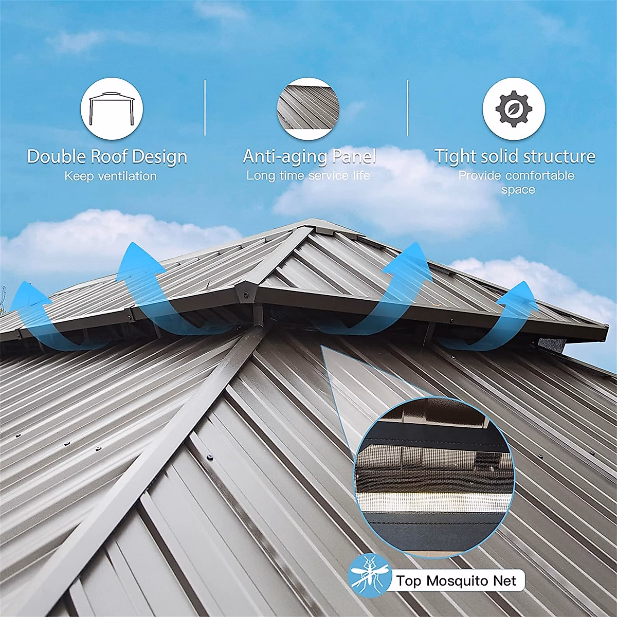 12'x20' Hardtop Gazebo with Cedar Wood Frame, Outdoor Wood Gazebo with Galvanized Steel Double Roof, Permanent Metal Roof Gazebo with Curtains and Netting for Patio, Backyard and Lawn(Brown)