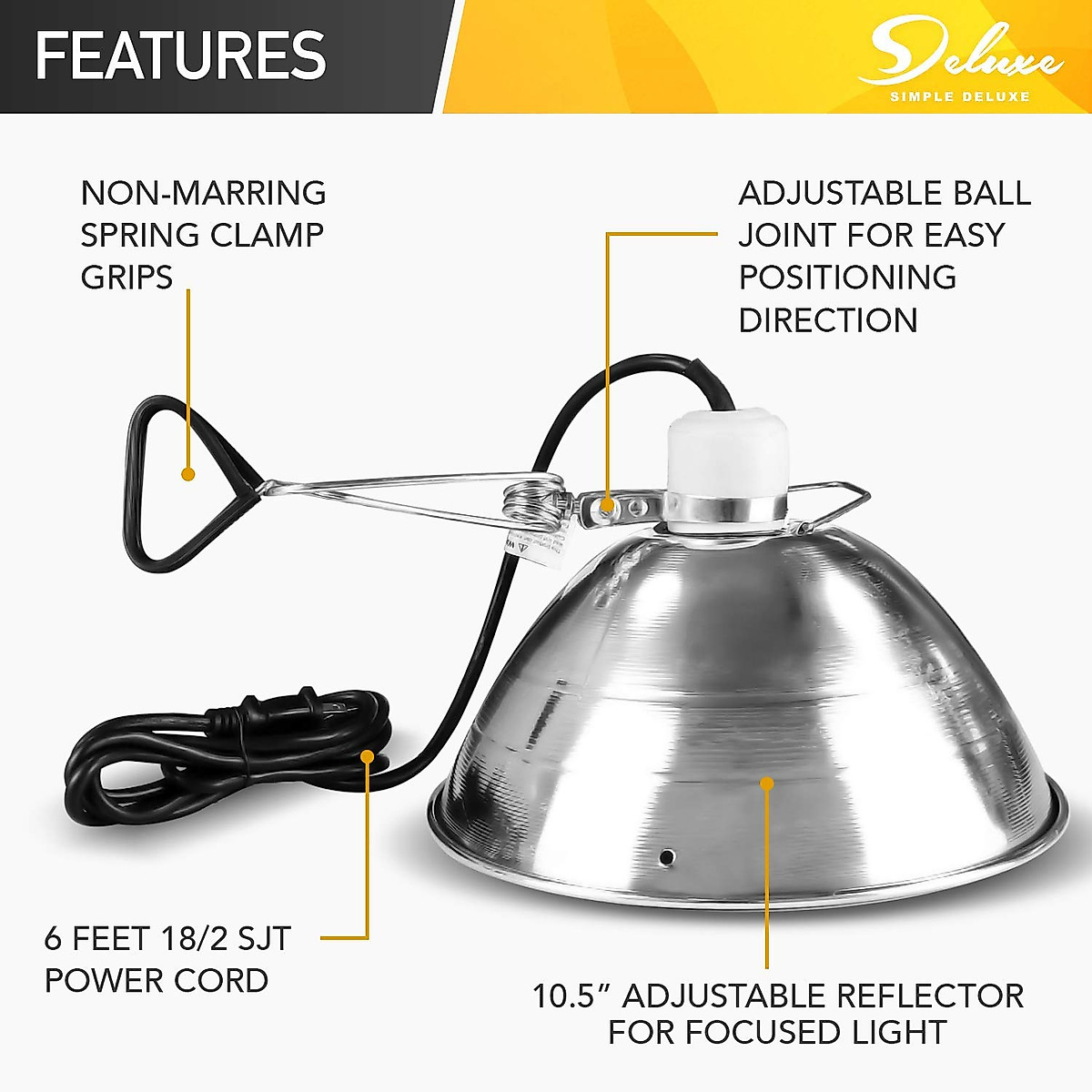 Simple Deluxe Clamp Lamp Light with 10.5 Inch Aluminum Reflector and Bulb Guard up to 250 Watt E26 Socket (no Bulb Included) 6 Feet 18/2 SJT Cord, Silver, 10.5 Inch Clamp Light