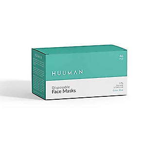 50pcs Disposable Face Masks by HUUMAN, 3-Ply Non-Sterile Procedural Masks, Dust Resistant Filter, Breathable, Adjustable Nose Bridge, Pack of 50 Comfortable Face Masks USA Assembled