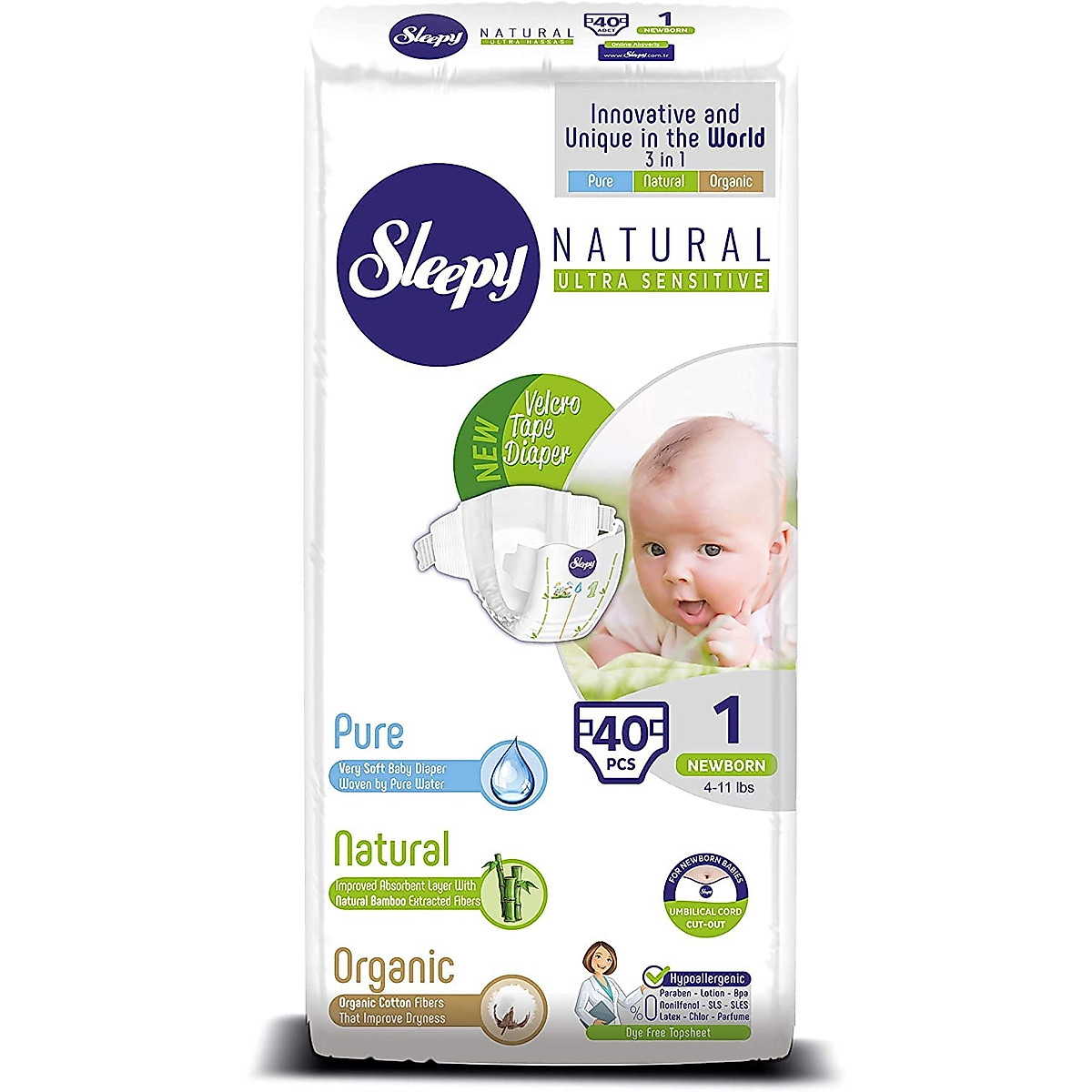 SOHO | Sleepy Natural Baby Diapers, Made from Organic Cotton and Bamboo Extract, Ultimate Comfort and Dryness, Disposable Diapers (Size 7 | 16 Count | Child Weight 44-66 lbs)