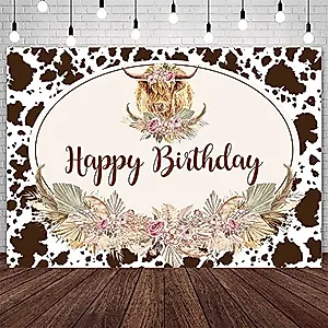 AIBIIN 7x5ft Highland Cows Birthday Backdrop for Boys Girls Cattle Birthday Photography Background Boho Floral Highland Farm Cow Party Decorations Banner Photo Studio Props