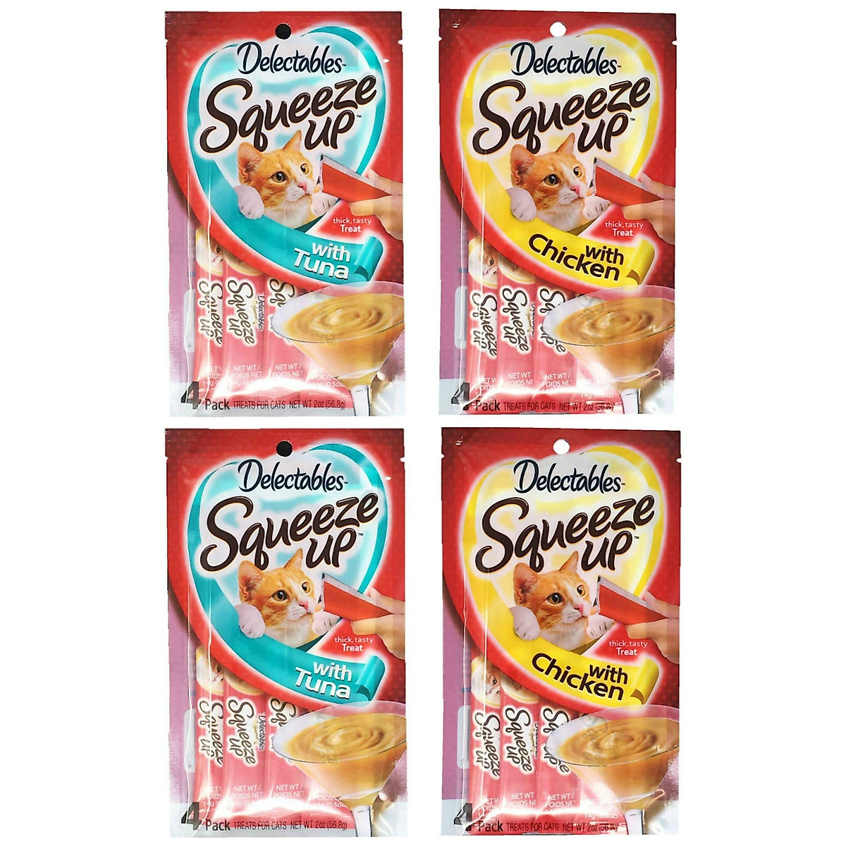 Delectables Hartz Squeeze Up Cat Treats Variety 4 Pouch Bundle of 2 Flavors; 2 Pouches of Each Flavor (2.0 oz Each) (Chicken, Tuna)