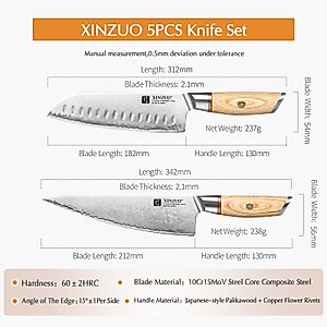 XINZUO Composite Steel 6Pcs Kitchen Knife Set, Stainless Steel Knife Set, Professional 3 Layers Clad Steel Chef Knife Set 10Cr15CoMoV Steel Core -with 16 Inch Knife Magnetic Strips