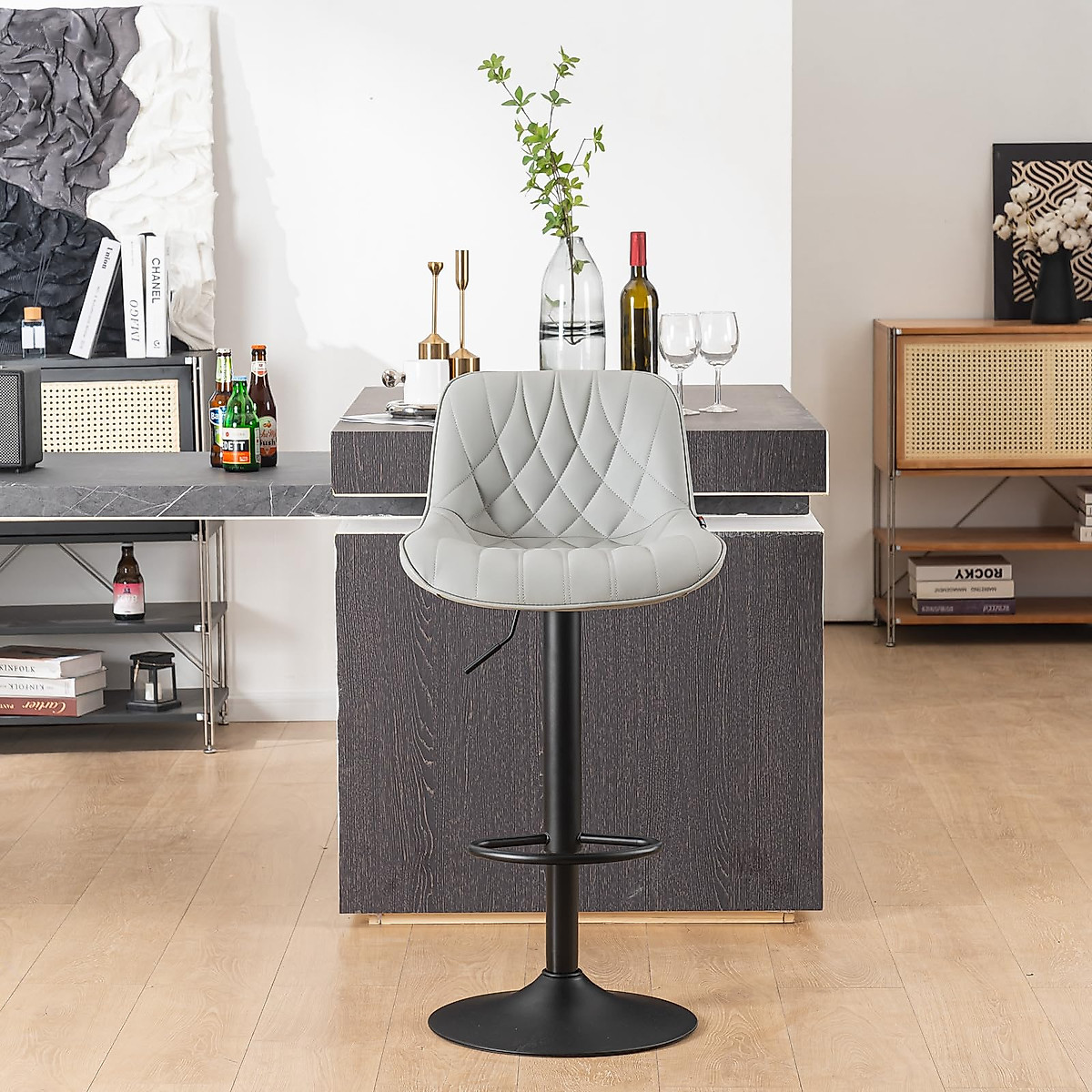 Kidol & Shellder Bar Stools Adjustable Barstools Swivel Counter Height Bar Stools Soft Thicked Faux Leather Bar Chairs,Grey,3 Mins Quick Assembly,Lold up to 300lbs(Single)