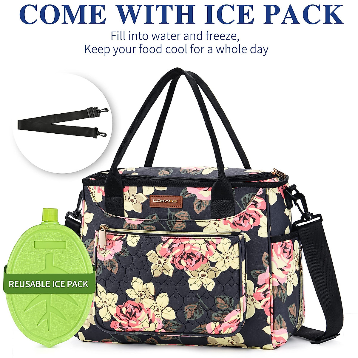 LOKASS Lunch Box - Lunch Bag Women Insulated Lunch Box for Women Teacher Nurse Tote Bag for Work Picnic or Travel Removable Shoulder Strap Side Pocket - Peony