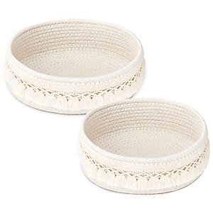 Mkono 2 Pack Macrame Storage Baskets Decorative Woven Cotton Rope Basket for Shelves Countertop Organizer Boho Decor for Organizing Living Room Bedroom Entryway