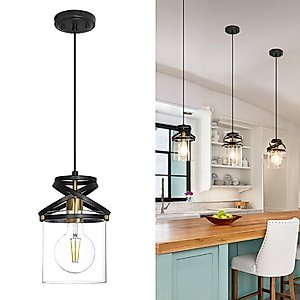 Black Pendant Lights Kitchen Island, Modern Pendant Light Fixture with Clear Glass Shade, Farmhouse Kitchen Pendant Lighting over Island, Pendant Lamp with 6ft Adjustable Cable for Dining Room,Sink