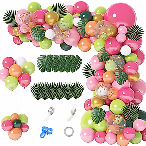 146Pcs Tropical Balloons Garland Arch Kit, Hawaiian Luau Tropical Aloha Flamingo Party Decorations Hot Pink Fruit Green Rose Gold Confetti Balloons Palm Leaves Birthday Baby Shower Wedding Supplies