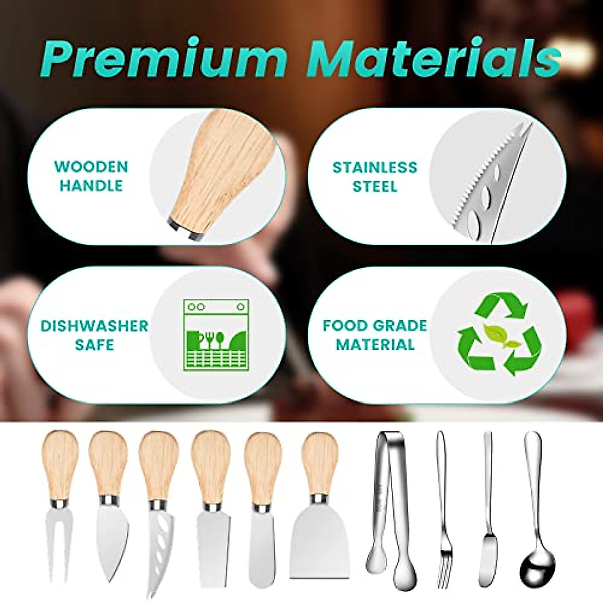 LifeMusican Wooden Cheese Spreader Knive Set,Wood Handle Butter knives For Cheese Charcuterie Board Accessories Kit, Mini Cheese Knife Slicer With Tongs, Spoons, Forks,Honey Dipper (23 Pack)