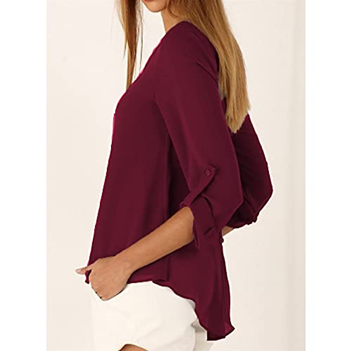 Mayntop Womens Tops Shirt Long Sleeve Chiffon Solid Color Plain Roll-Up Sleeves Plus Size V-Neck Button Loose Blouse(A Wine,M)
