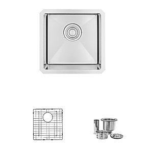 STYLISH 15 inch x 15 inch Stainless Steel Single Bowl Undermount 18 Gauge 10 Millimeters Radius Corners Kitchen Bar Sink with Bottom Grid and Luxury Basket Strainer, S-317G