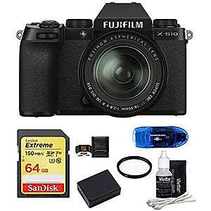 FUJIFILM X-S10 Mirrorless Digital Camera with 18-55mm Lens Bundle, Includes: SanDisk 64GB Extreme Memory Card, Spare Battery, UV Filter, Card Reader, Memory Card Wallet and Lens Cleaning Kit (7 Items)