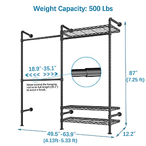Timate F2 Industrial Pipe Clothes Rack Wall Mounted Clothing Rack for Hanging Clothes, Expandable Garment Rack Heavy Duty Wardrobe Closet Organizer and Storage, Black Adjustable Industrial Closet Kit