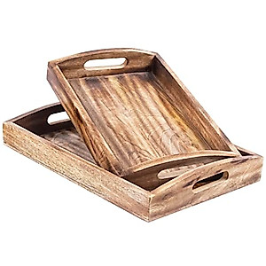 Serving Tray with Handles - Vanity Tray, Wooden Tray, Trays for Coffee Table, Bathroom Trays for Counter, Ottoman Tray, Party Trays for Serving Food, Rectangle Tray, Set of 2 Brown