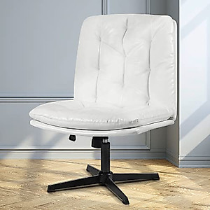 Waleaf Leather Armless Desk Chair No Wheels Swivel Chair Padded Modern Cute Office Chair Height Adjustable Wide Seat Cross Legged Chair for Home Office Desk Chair Vanity Chair Mid Back (White)