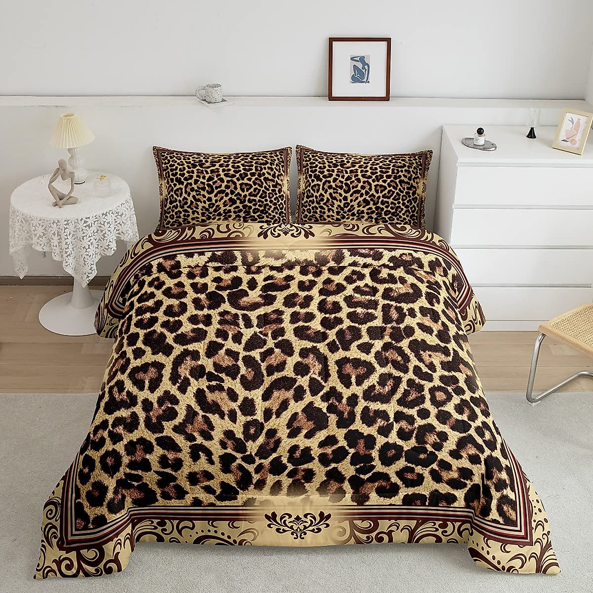 Brown Leopard Print Comforter Set Full Size,Kids Girls Woman Novelty Room Decor,Abstract Wild Animal Skin Down Comforter,Paisley Floral Boho Bedding Set,Rustic Retro Duvet Insert,2 Pillowcases