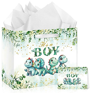 Baby Shower Decoration Gift Bags for Boys It's a BOY Dinosaur Gift Bag with Greeting Card and Tissue Paper for Baby Shower Birthday Wrapping Paper Bag for Newborn Dinosaur Birthday Party Supplies
