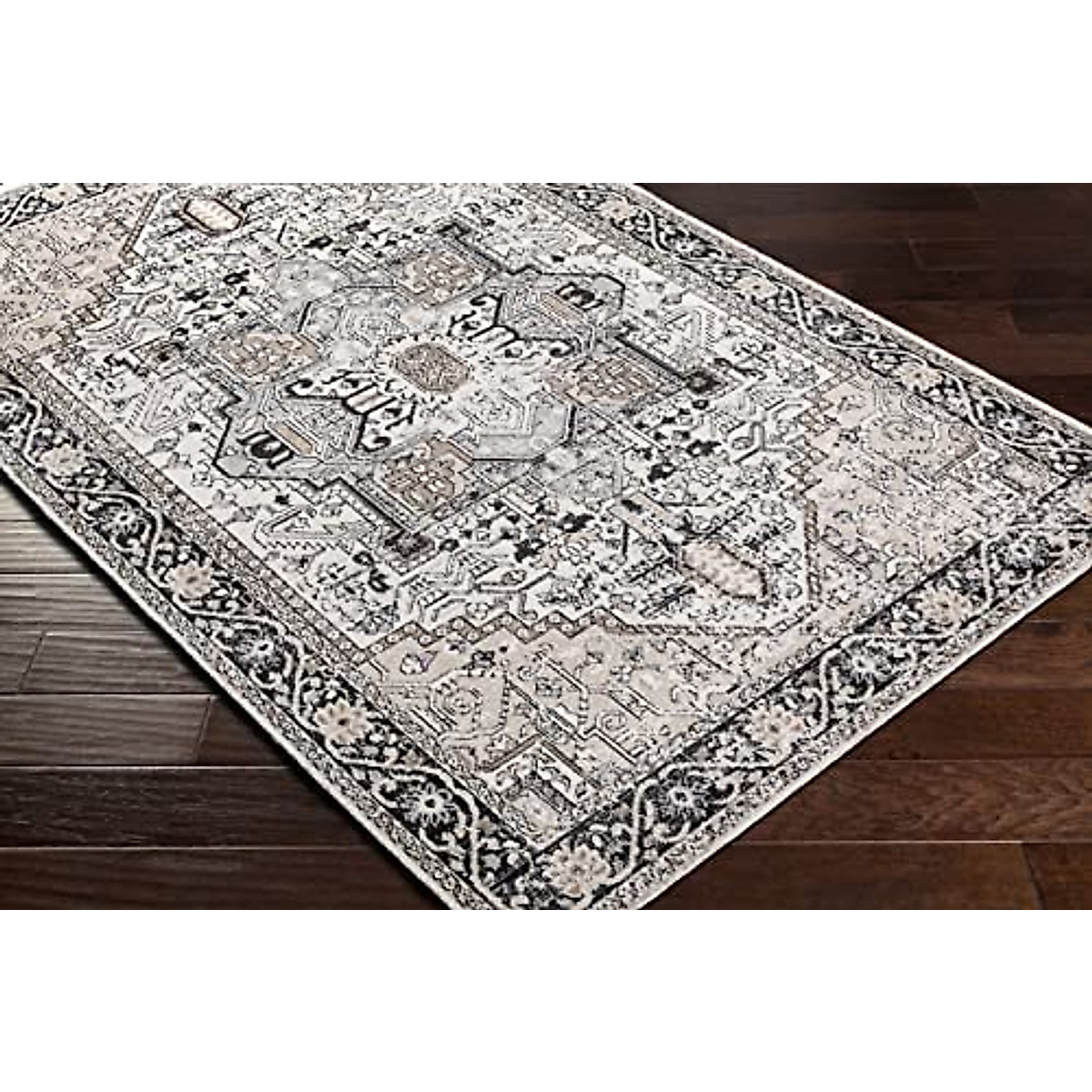 Hauteloom Cabacungan Traditional Persian Medallion Living Room Bedroom Area Rug - Machine Washable Distressed Carpet - Bohemian Oriental - Easy to Clean - Black, Grey, Beige - 9'3" x 12'