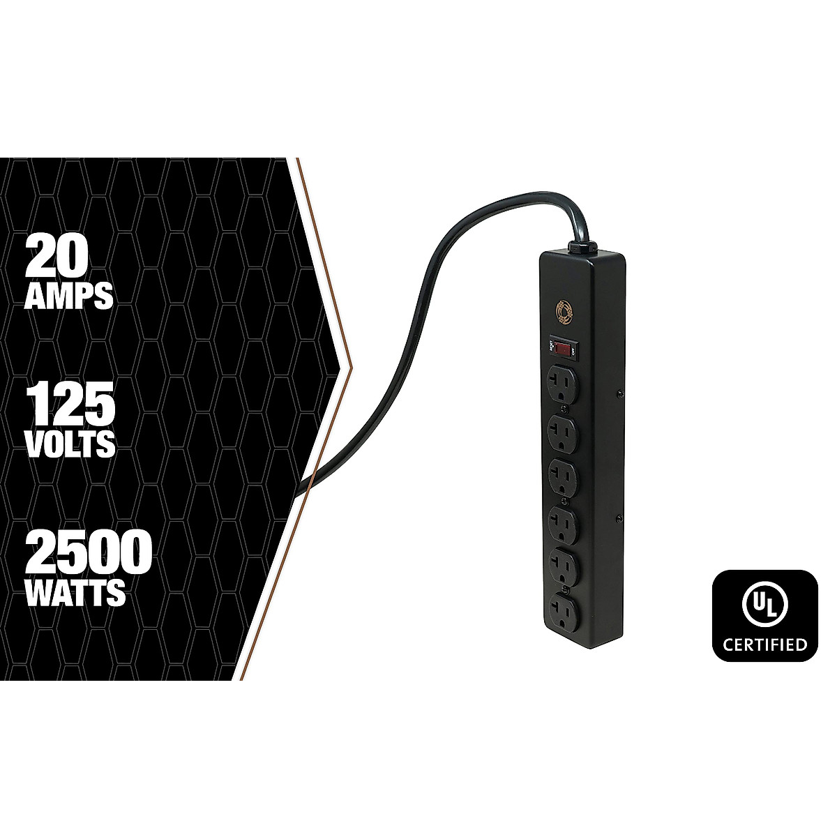 Southwire 5120 20 Amp Rated, 6 Outlet all Metal Power Strip with NEMA 5-20 P&R, 6 Foot 12/3 Cord