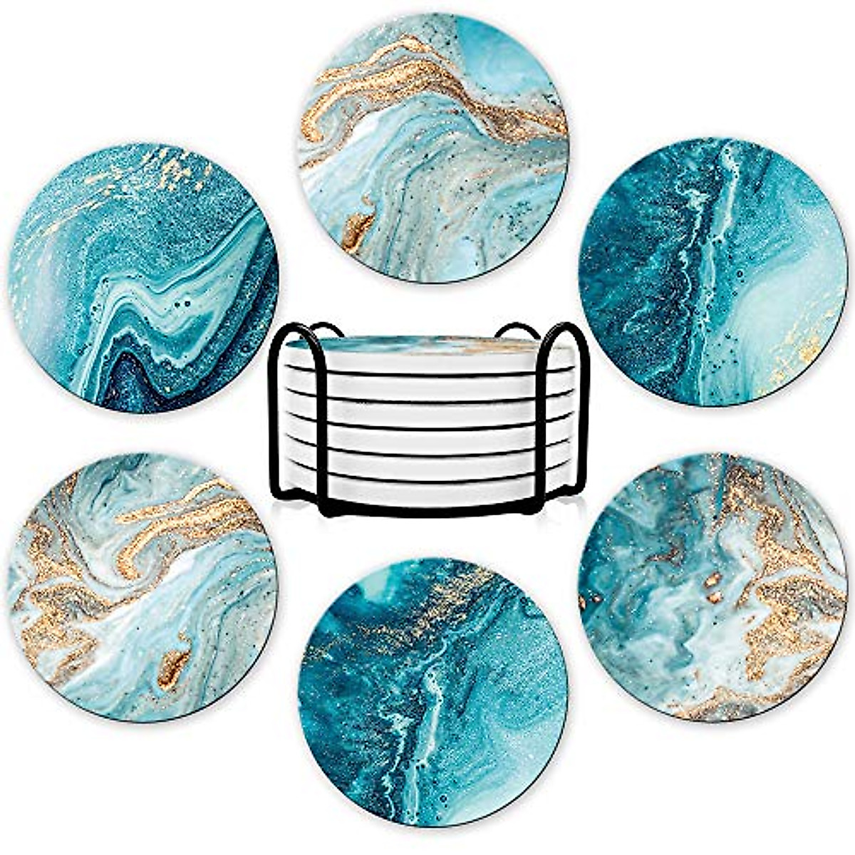 Dooke Coasters for Drinks, Round Absorbent Ceramic Stone Coasters Set of 6 with Cork Base, Funny Drink Coasters with Holder for Cold Drinks Wine Mugs and Cups Tabletop Protection, 4 Inches,Teal Marble