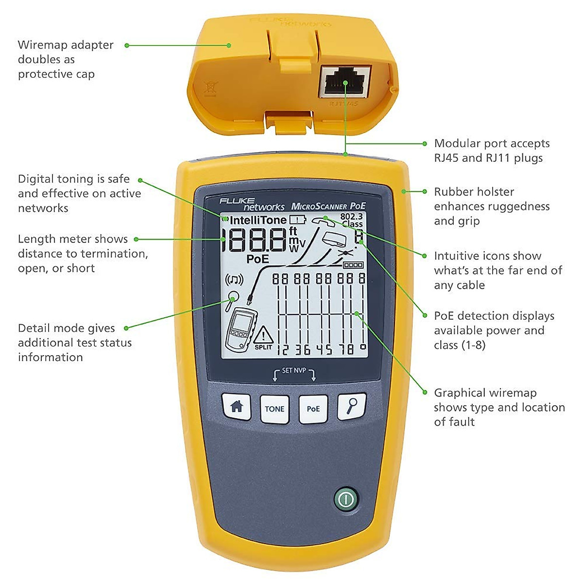 Fluke Networks - 5018513 MS-POE-KIT MicroScanner Copper Cable Verifier & PoE tester for RJ-45 Category 5-6A Ethernet Cables, Includes IntelliTone Pro 200 & Remote ID Kit