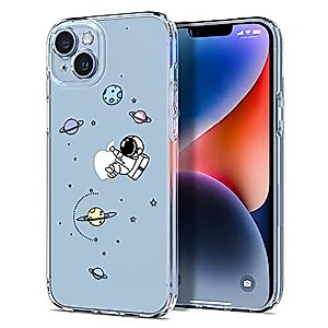 NITITOP Compatible with iPhone 14 Case Clear Cute with Astronaut Outer Space Aesthetic Planet Star Creative Pattern, for Women Girl Soft TPU Shockproof Cover for iPhone 14-Embrace
