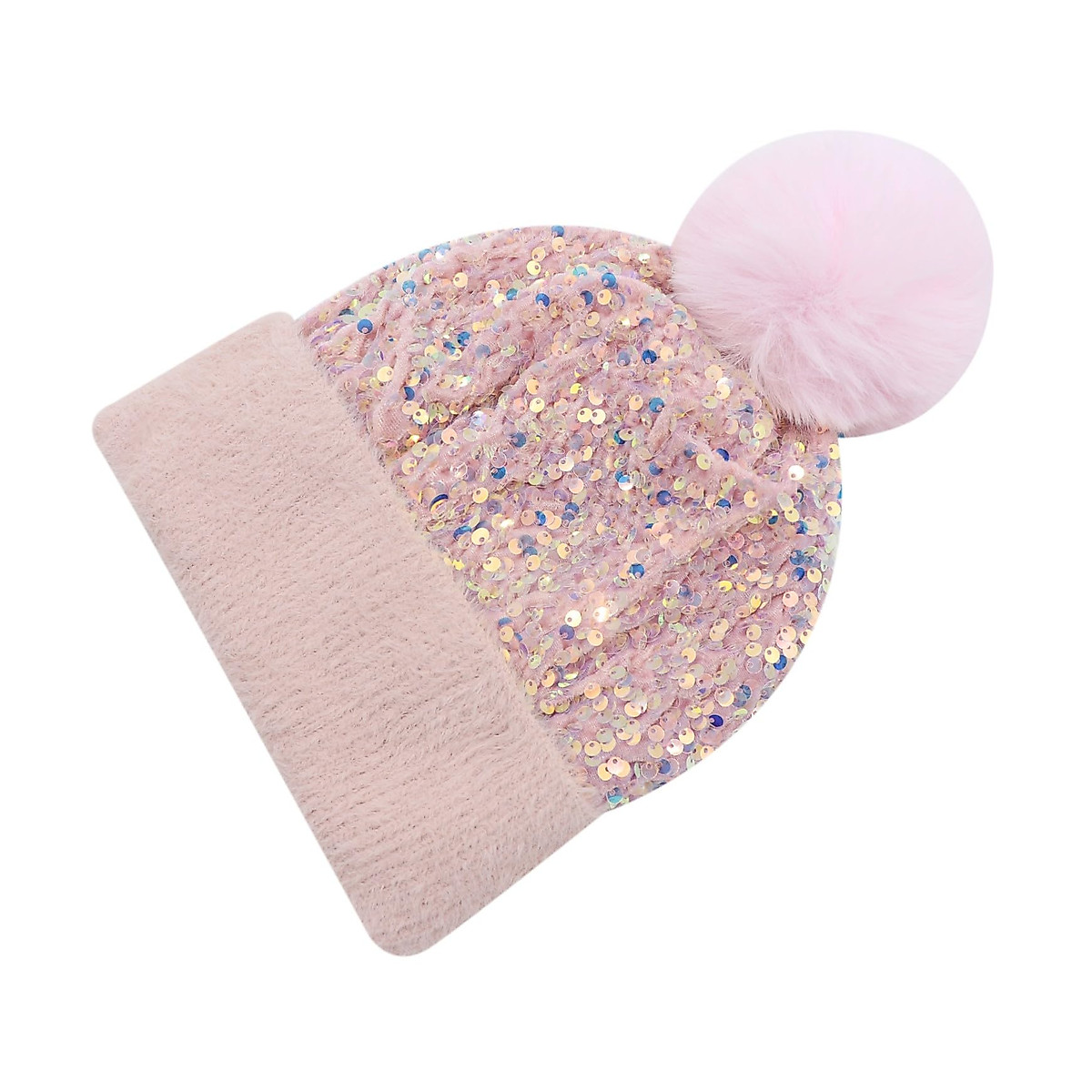 Caviotess Women Sparkly Sequins Knitted Beanie Hat Warm Winter Skull Cap with Faux Fur Pom Pom Light Pink